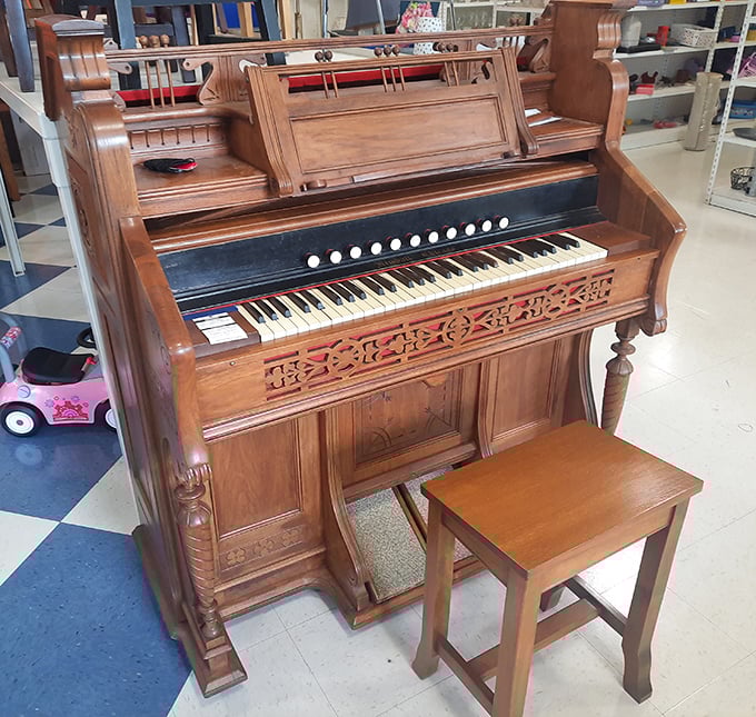 This gorgeous pump organ isn't just furniture—it's a time machine. Someone's musical heirloom awaits a new home where it might actually get played.