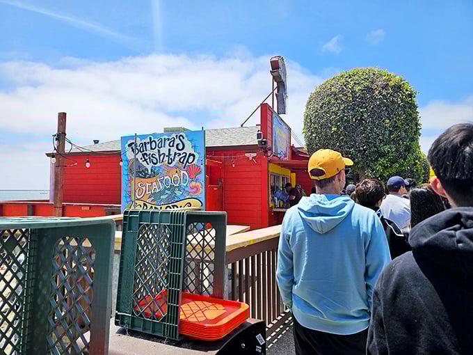 The line outside Barbara's speaks volumes—people willing to wait for food that's worth it. Like a concert queue, but the star is clam chowder.