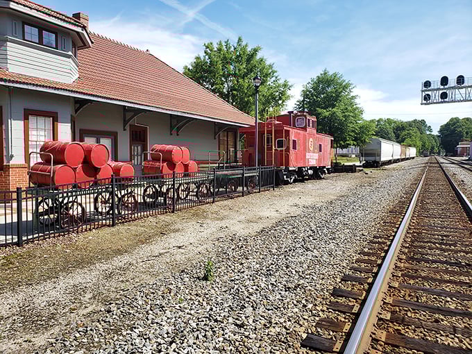 Railroad tracks stretch into the distance, a reminder of how Southern Railway once connected this small town to the wider world.