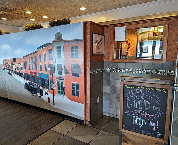 Whimsical wall art transports you to another era while the chalkboard reminds you that today is, indeed, a good day to have a good day.