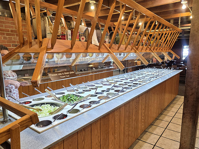 An impressive salad bar stretches beneath rustic wooden beams—proof that "all-you-can-eat" and "quality" can happily coexist.