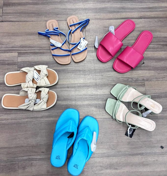 Summer's coming! A color wheel of sandals waiting for pedicured toes and sunny days. The blue ones are practically screaming "pool party!"