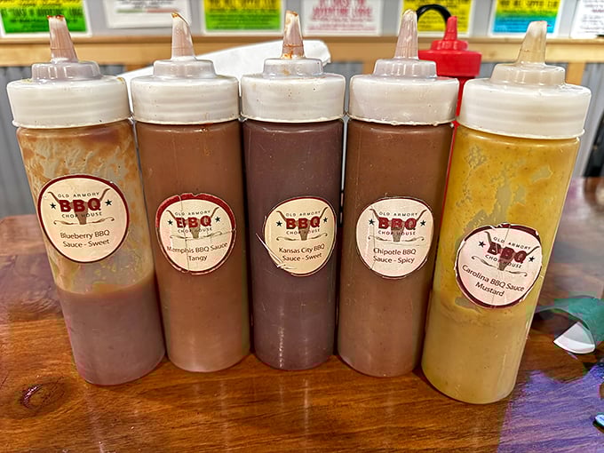 The sauce lineup—from sweet to heat—stands ready like superhero sidekicks, enhancing your meat without stealing the spotlight.