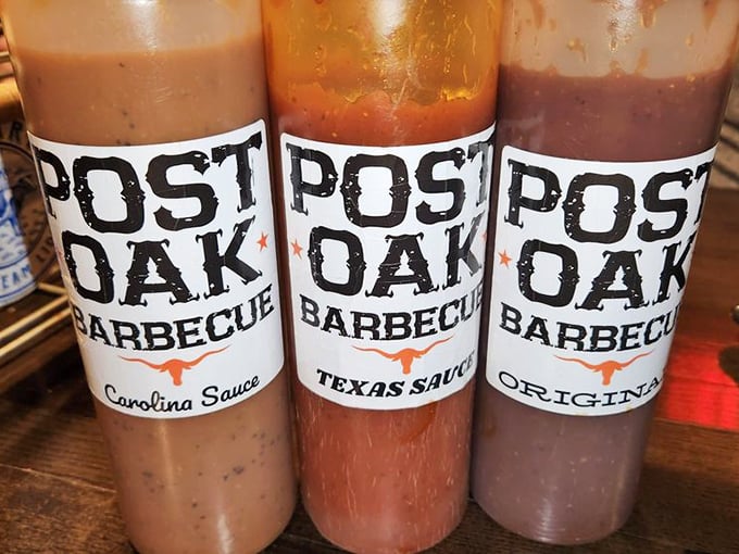 The holy trinity of sauces—Original, Texas, and Carolina—each waiting to elevate your meat to its highest potential.