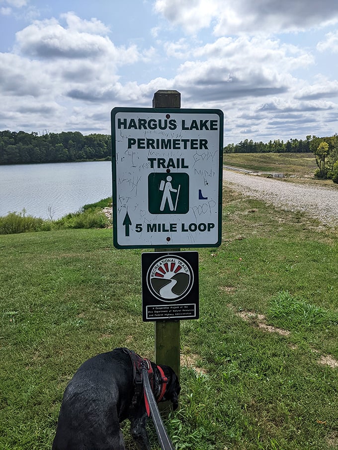 The Hargus Lake Perimeter Trail sign promises five miles of adventure – the perfect distance to work up an appetite for lunch.