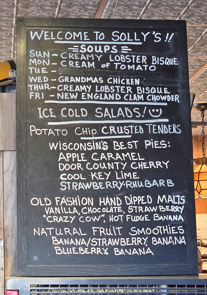 The specials board reads like a calendar of comfort—each day bringing a new soup to warm Wisconsin souls.