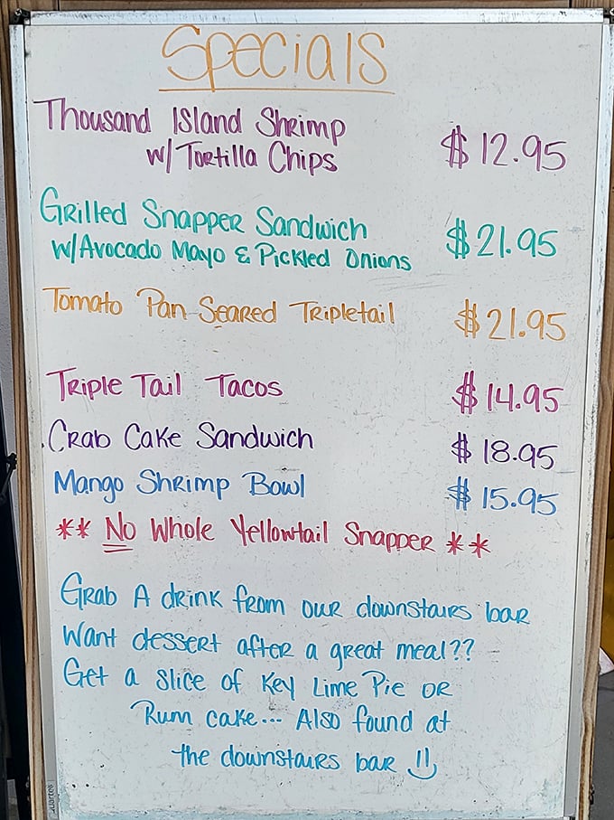 The specials board: a daily love poem to whatever the boats brought in this morning. Read it carefully—FOMO is real here.