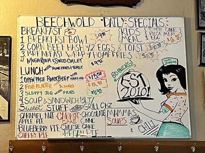 Daily specials board featuring handwritten promises of kitchen creativity alongside time-tested breakfast classics that never disappoint.
