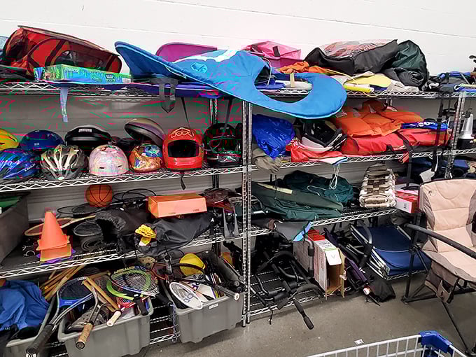 Sporting goods that prove one person's "I'll definitely use this" is another's treasure – from helmets to camping gear waiting for their next adventure.
