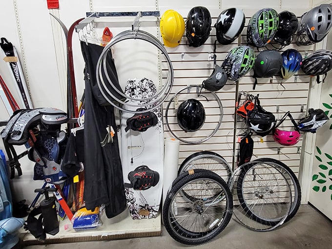 Bicycle wheels, helmets, and sporting goods galore—because someone's abandoned fitness resolution is about to become your new weekend hobby.