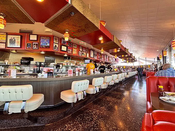 The counter stretches like a runway of possibility, where regulars and first-timers alike find their place in this living museum of American dining.