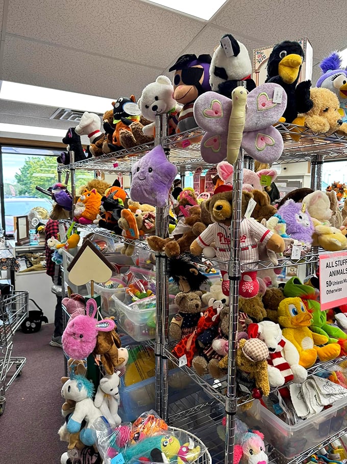 The stuffed animal section—where childhood dreams come true and grandparents become heroes without breaking the bank.