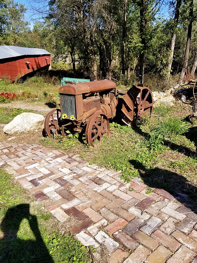 The rusted tractor is basically lawn art now, but it remembers when this area was all working farmland.