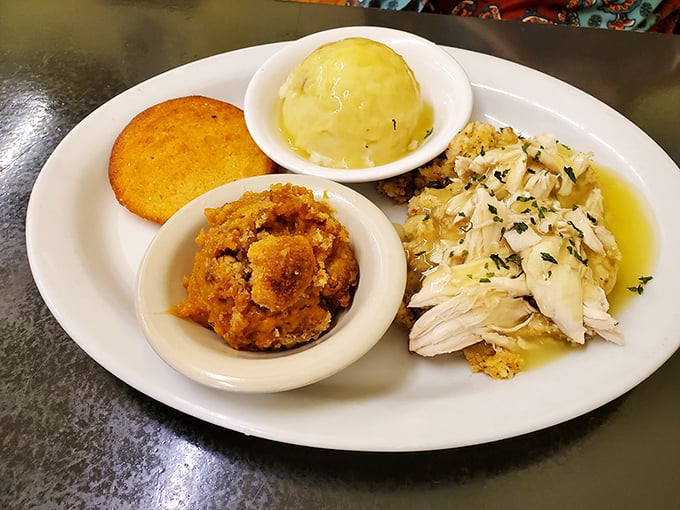 Southern comfort on a plate: tender turkey, sweet potato casserole, and cornbread—Thanksgiving doesn't have to wait for November here.