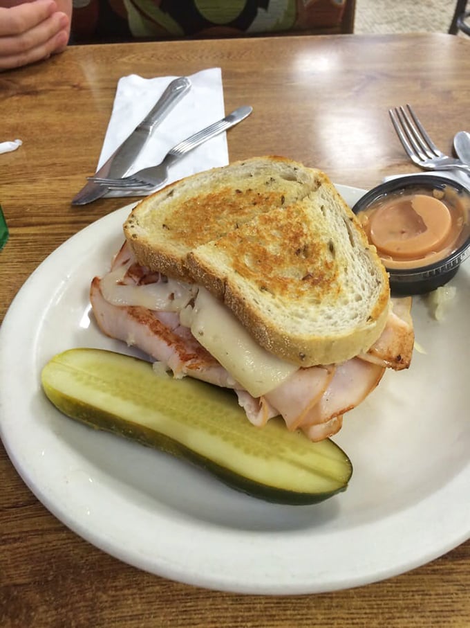 A turkey sandwich that reminds you how good simple can be—tender meat, toasted bread, and a pickle that's not just a garnish but a necessary companion.