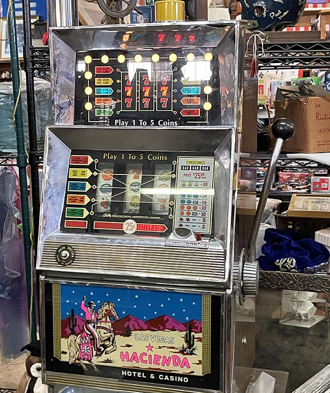 A vintage Las Vegas slot machine stands ready for its close-up—no quarters needed to appreciate this piece of casino history.