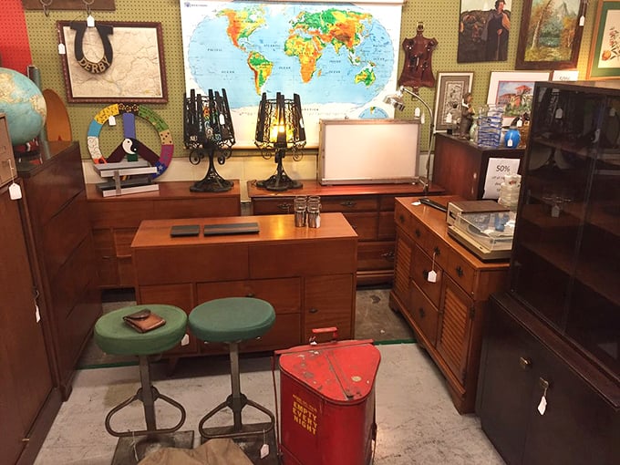 Every shelf tells a different story—from Mickey Mouse to vintage globes. This corner feels like rummaging through your coolest grandparent's attic.
