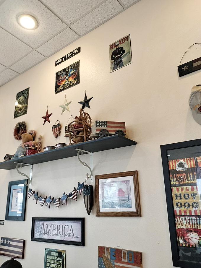 The walls don't just hold up the ceiling—they tell stories of American pride through carefully curated memorabilia that makes patriotism feel like comfort food.