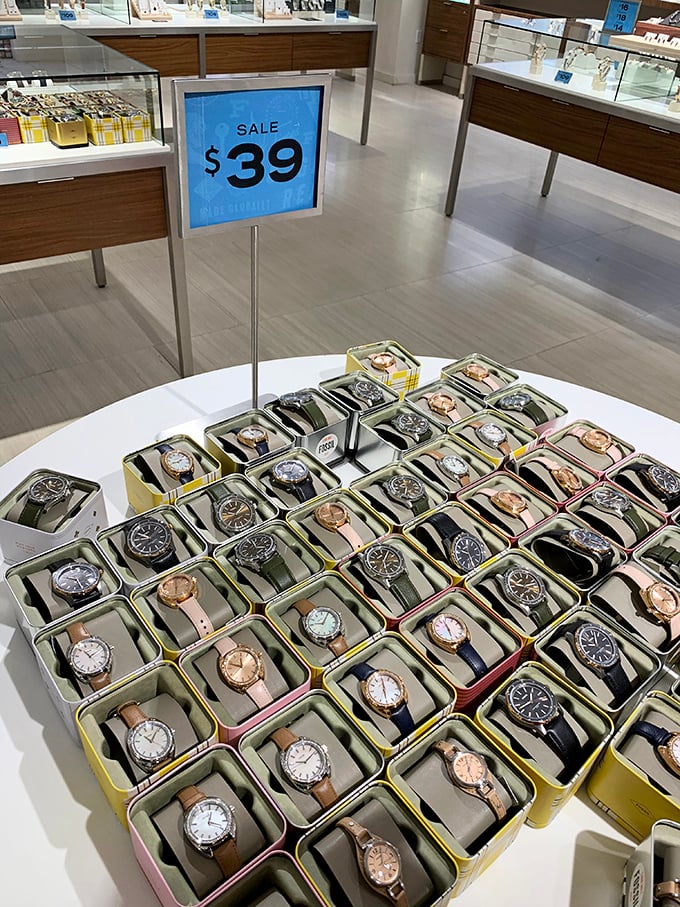 Time stands still at this watch display, where $39 buys you style that looks ten times the price. Fashion math at its finest.