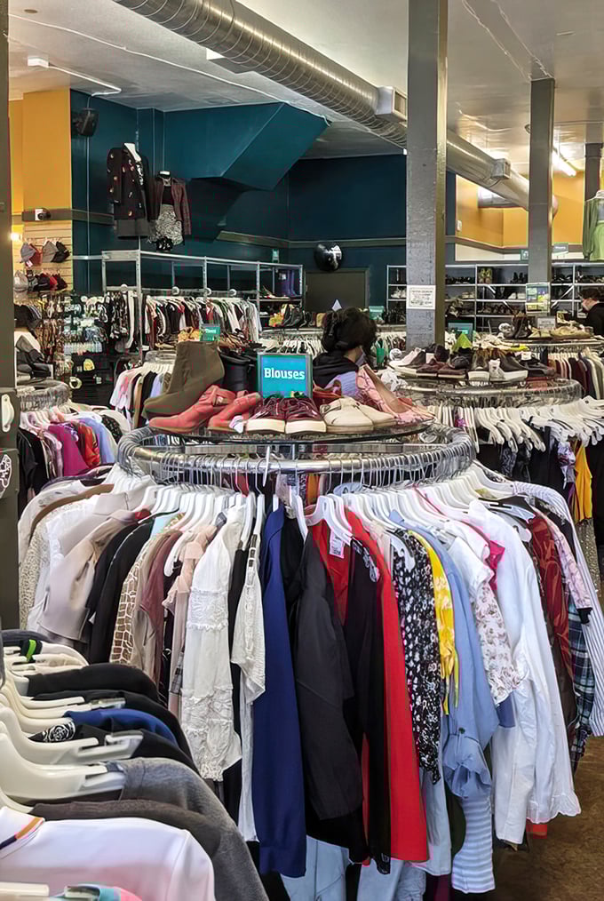 Color-coded racks make the hunt more manageable, but the thrill of discovery remains. What fashion unicorn awaits between the pink blouses and blue jeans?