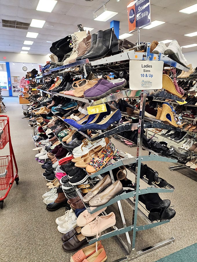 The shoe section offers footwear biographies—each pair with a past life and hoping for a future adventure.