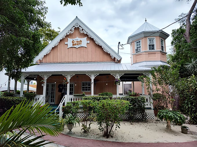 The Key Largo Conch House looks like a Victorian dollhouse that grew up and moved to paradise—complete with charming gingerbread trim and tropical gardens.