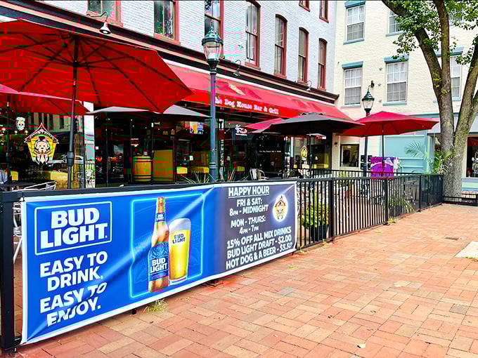 The Dog House Bar and Grill's inviting patio creates the perfect setting for enjoying a loaded dog and cold beer on a sunny Maryland afternoon.