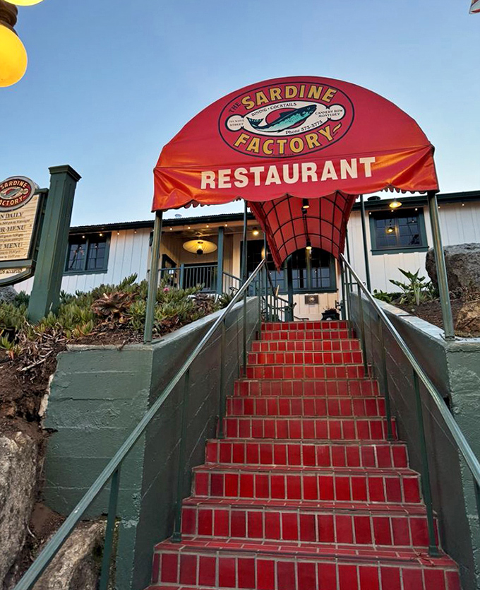 Those red brick steps lead to seafood royalty - climbing them feels like ascending to culinary heaven itself.