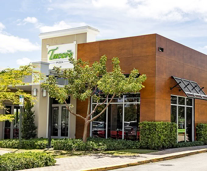 Tucci's contemporary design brings upscale vibes to their coal-fired creations. Trees outside, pizza paradise inside!