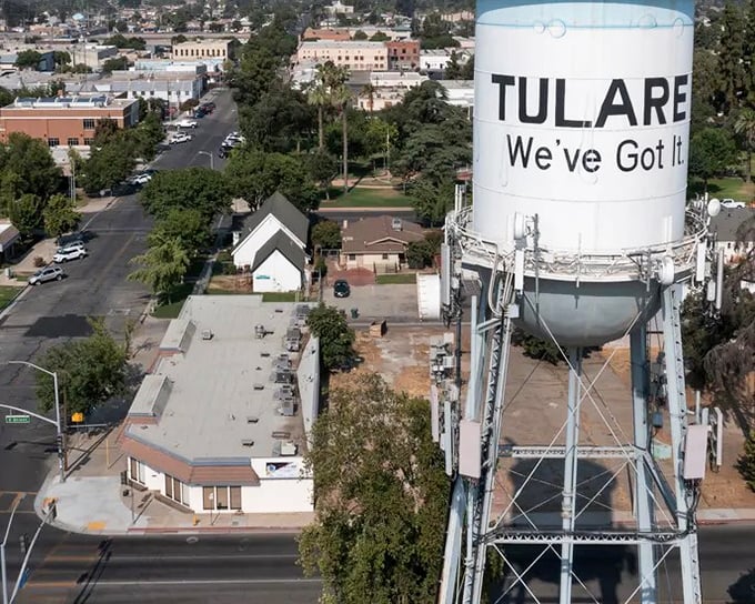 Tulare’s iconic water tower stands tall over the city, a proud landmark that perfectly sums up the town’s confident spirit.