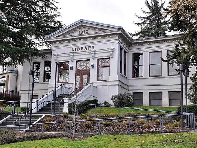 Classical architecture meets small-town warmth in a building that looks like it belongs on a commemorative stamp.