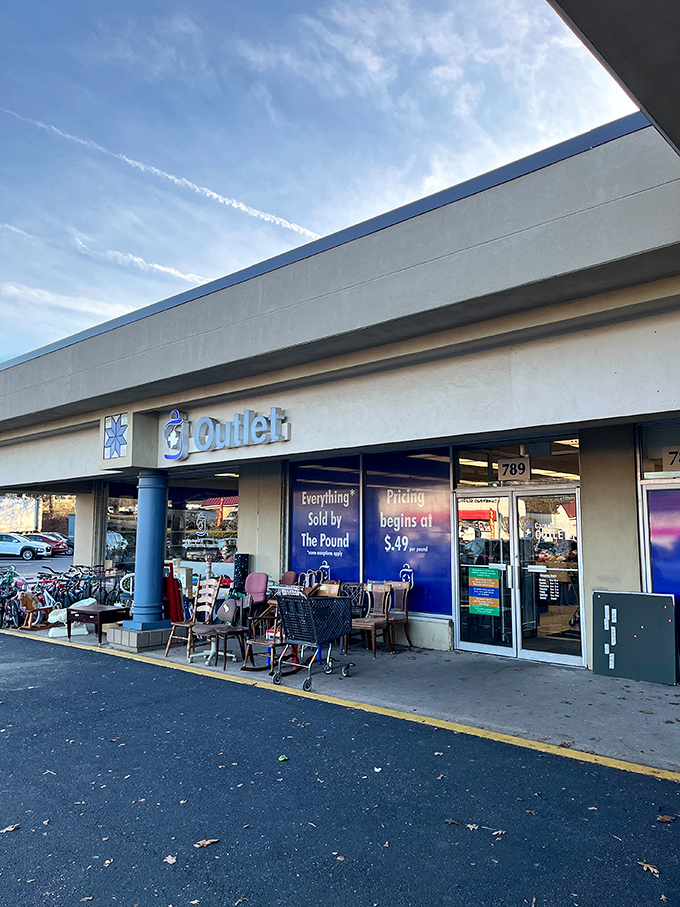 That prominent "THRIFT OUTLET" sign ensures no bargain hunter will ever miss this destination.