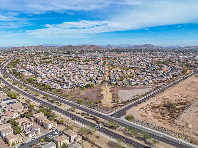 From this height, Peoria's neighborhoods look like they're playing a friendly game of Tetris against the backdrop of Arizona's rugged landscape.