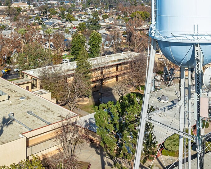 Overlooking the heart of Tulare, the city’s water tower rises above tree-lined streets and neighborhoods that reflect its Central Valley roots.
