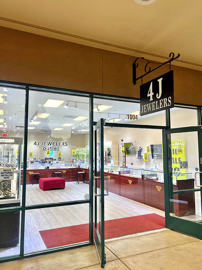4J Jewelers offers sparkly temptations that whisper, "You deserve this" – the most dangerous three words in outlet shopping.