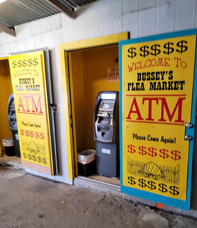 The ATM booth—where cash is king and credit cards fear to tread—stands ready to fuel your flea market adventures.
