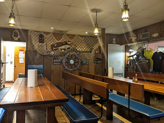Fishing nets and ship wheels aren't just decor—they're reminders that your dinner had a journey before reaching your plate.