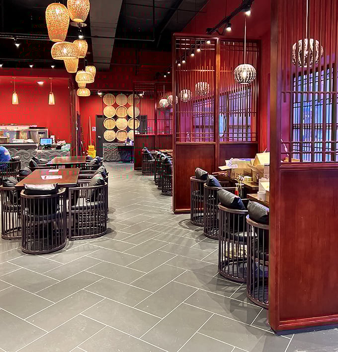 The thoughtful layout creates intimate dining spaces within the larger restaurant – perfect for both date nights and family gatherings.