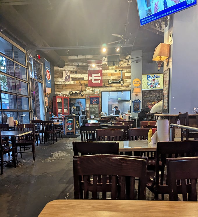 Reclaimed wood walls and Indiana sports pride create the perfect backdrop for serious eating. This is Hoosier hospitality with Chicago attitude.