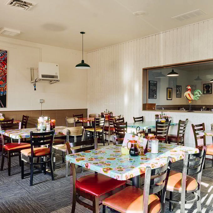 Bright, airy, and inviting—the dining room's colorful oilcloth-covered tables are like your favorite aunt's kitchen, if your aunt were a breakfast genius.