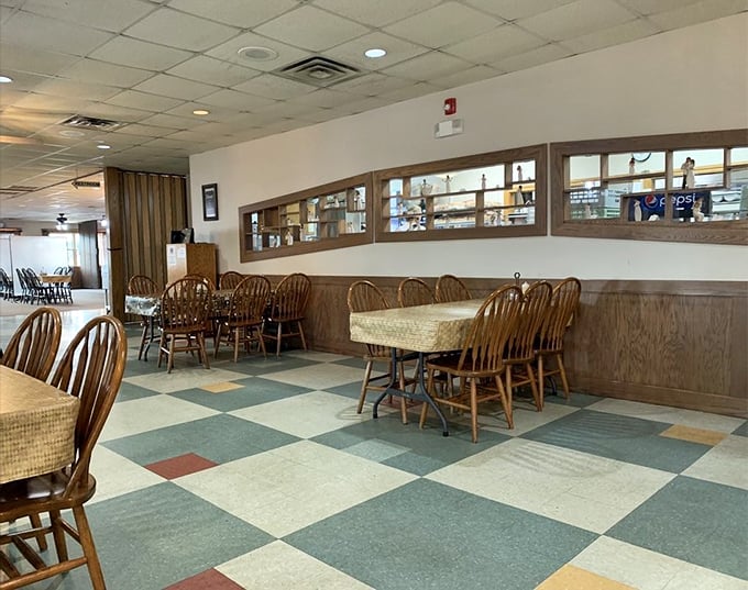 Another dining area showcases the restaurant's practical charm – where calories don't count and conversations flow freely.