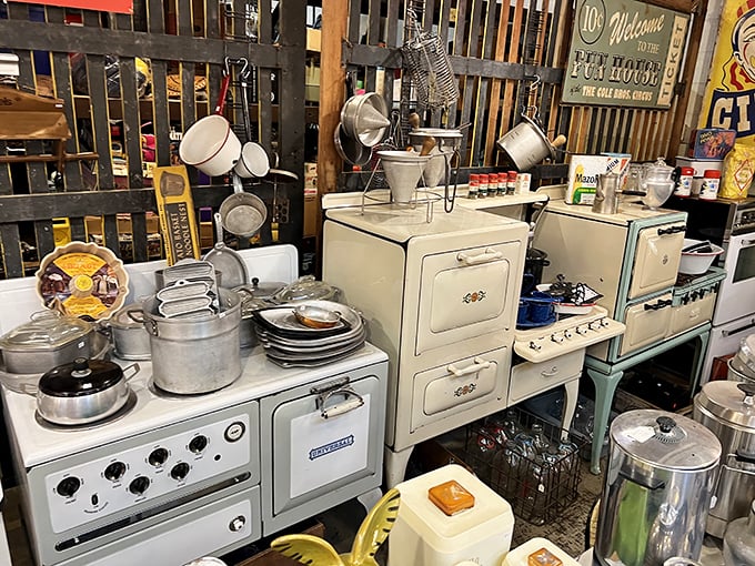 A lineup of pristine vintage stoves and refrigerators—when appliances were built like tanks and came in colors besides stainless steel.