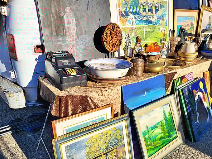 Art that's survived changing tastes and several moves. Someone's "I don't have room for this" becomes your living room's conversation piece.
