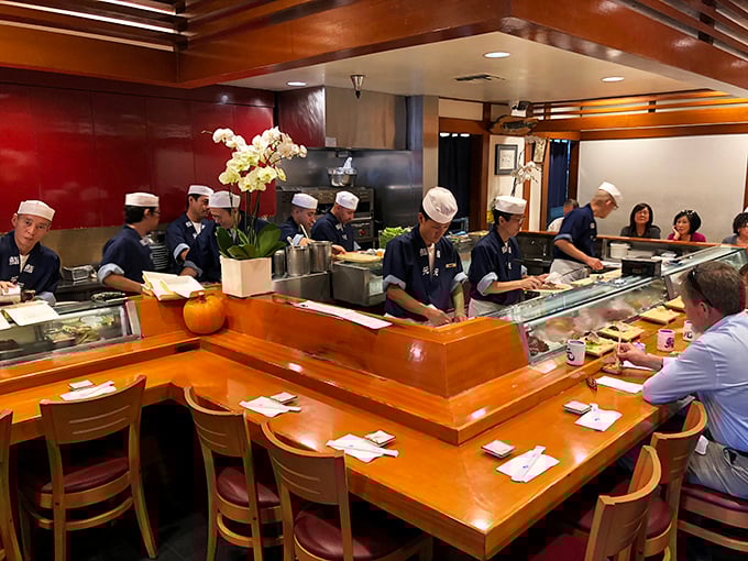 The sushi bar—where magic happens in plain sight as chefs transform simple ingredients into edible poetry under the warm glow of wooden accents.