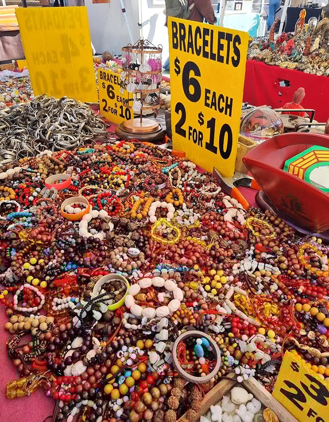 A treasure trove of beaded bracelets creates a colorful mosaic of affordable adornments—arm candy that won't break the bank or your diet.