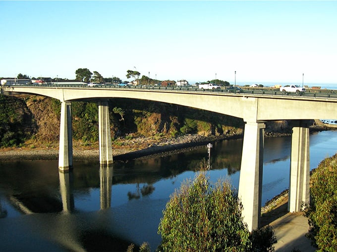 This bridge spans more than just the Noyo River—it connects Fort Bragg's working waterfront with its residential neighborhoods, a physical reminder of the town's balanced economy.