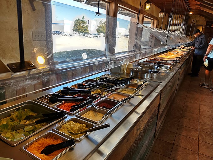 The buffet stretches like a culinary yellow brick road, leading hungry travelers to one delicious destination after another.
