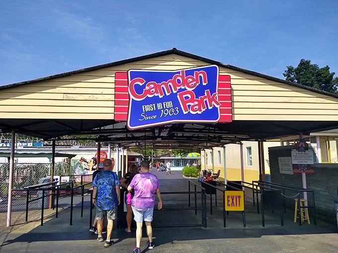 Camden Park's vintage entrance sign promises old-school amusement park thrills. "First in Fun Since 1903" isn't just marketing—it's a multigenerational memory machine.