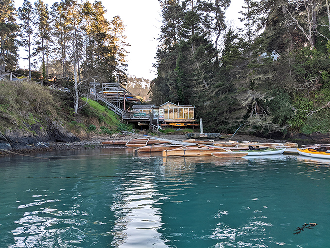 At Big River's edge, these kayaks wait patiently for adventurers ready to trade land legs for water wings and explore Mendocino from a duck's perspective.