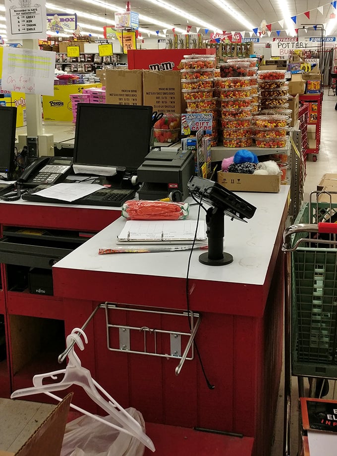 The checkout area – where candy temptations and last-minute finds conspire to add just one more item to your already impressive haul.